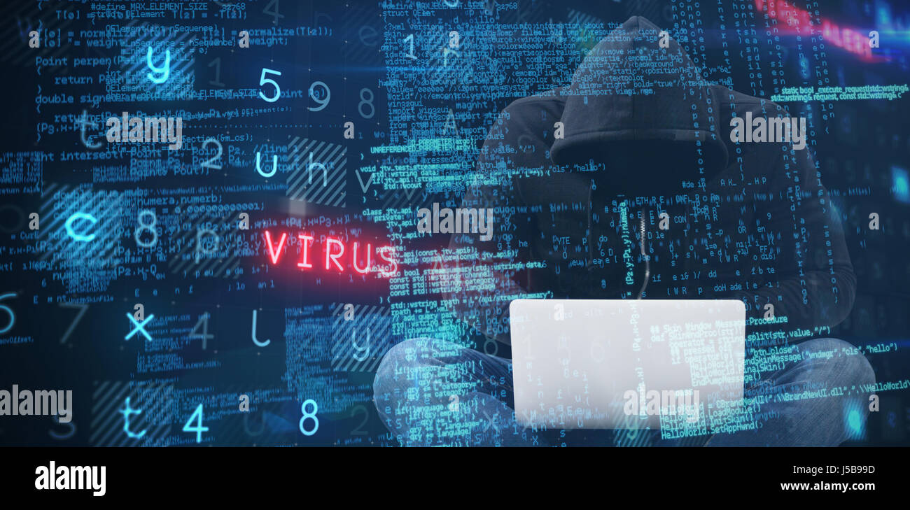 Male hacker using laptop while sitting against virus background Stock ...