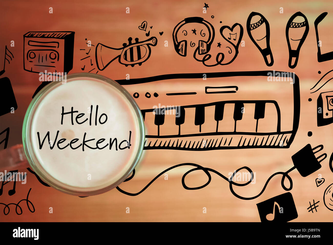 Digitally generated image of Hello weekend text against overhead view ...