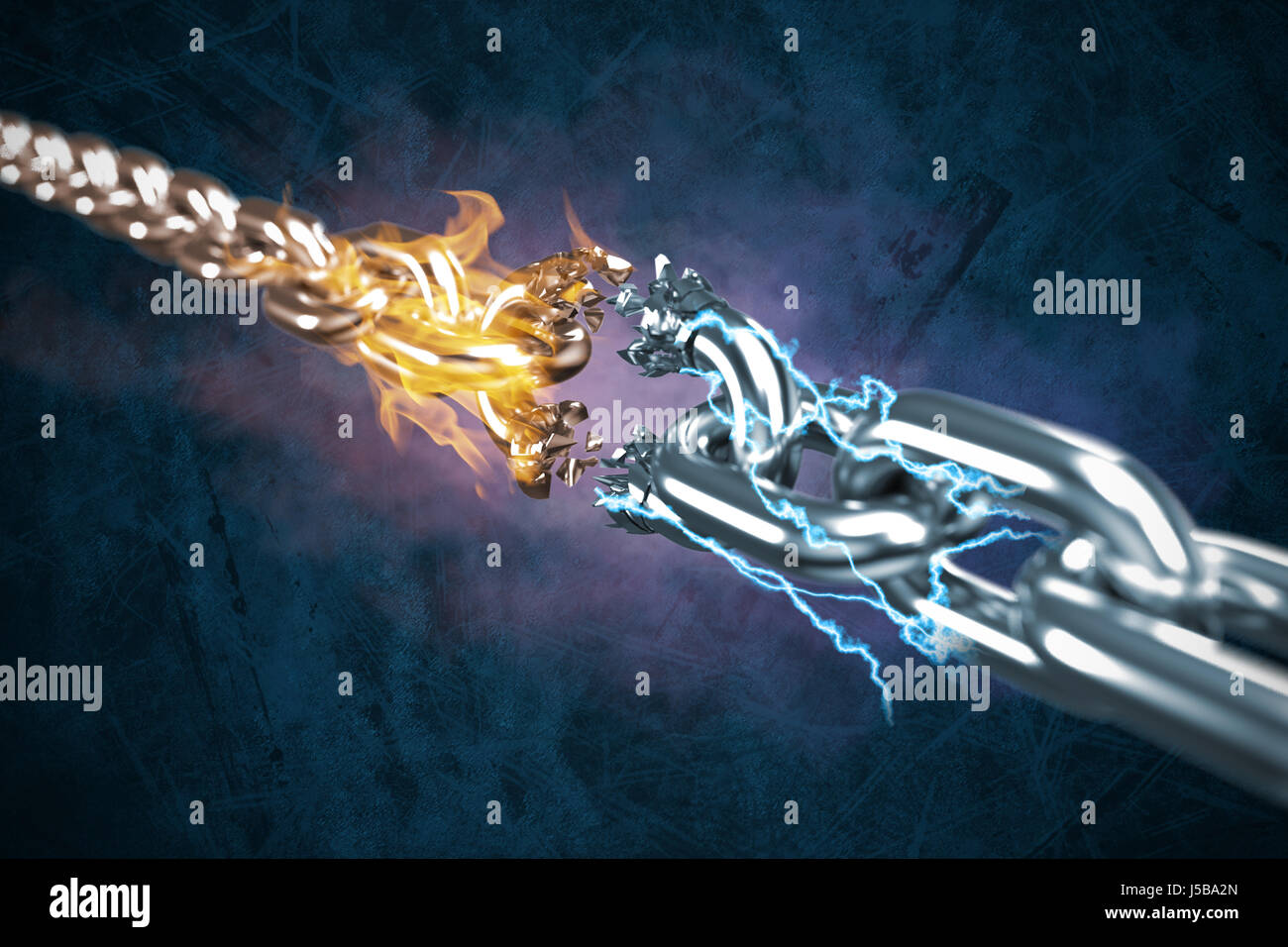 3d illustration of damaged silver chain against dark blue background ...