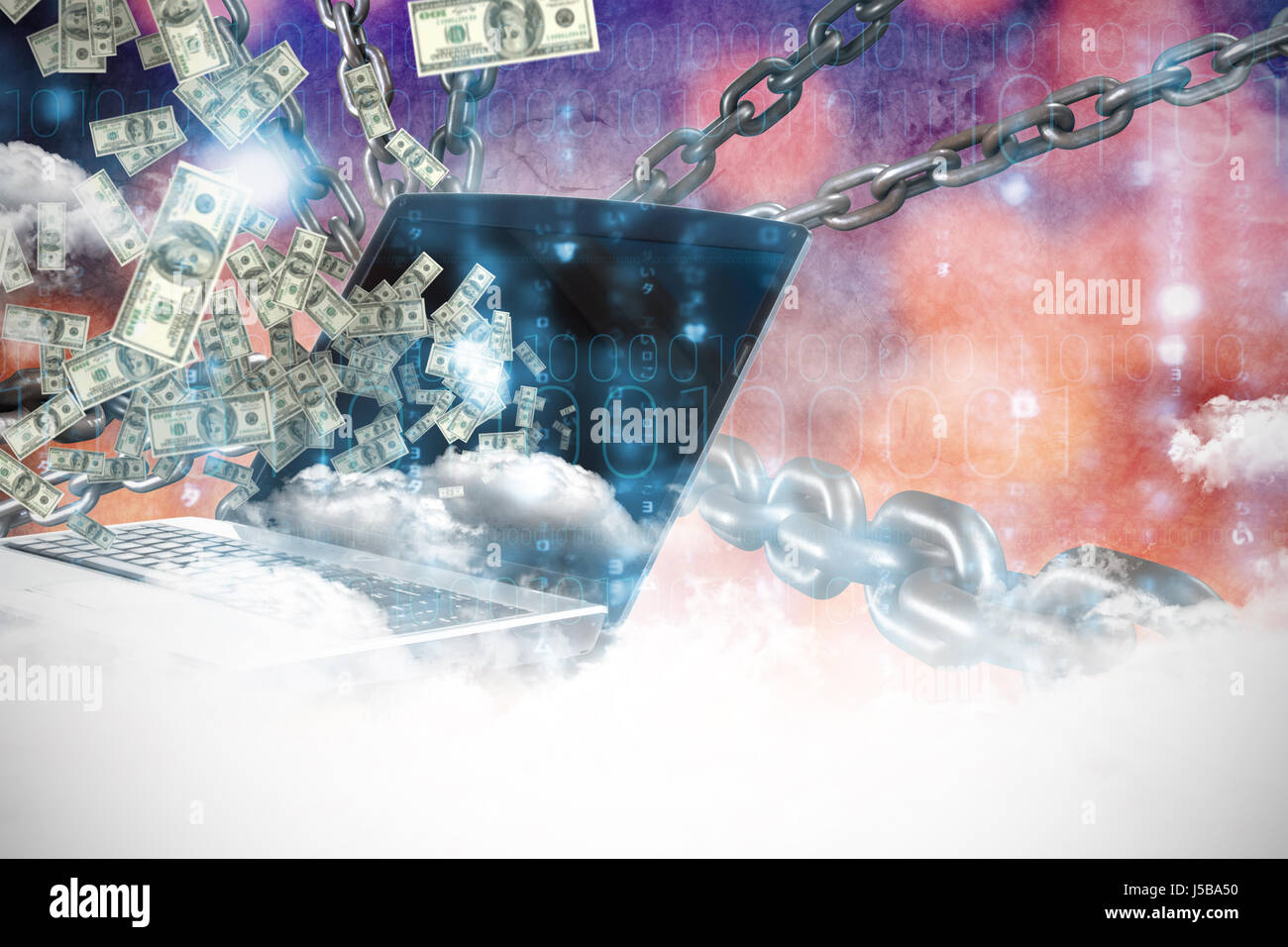 3d image of metallic silver chains intersecting against clouds over ...