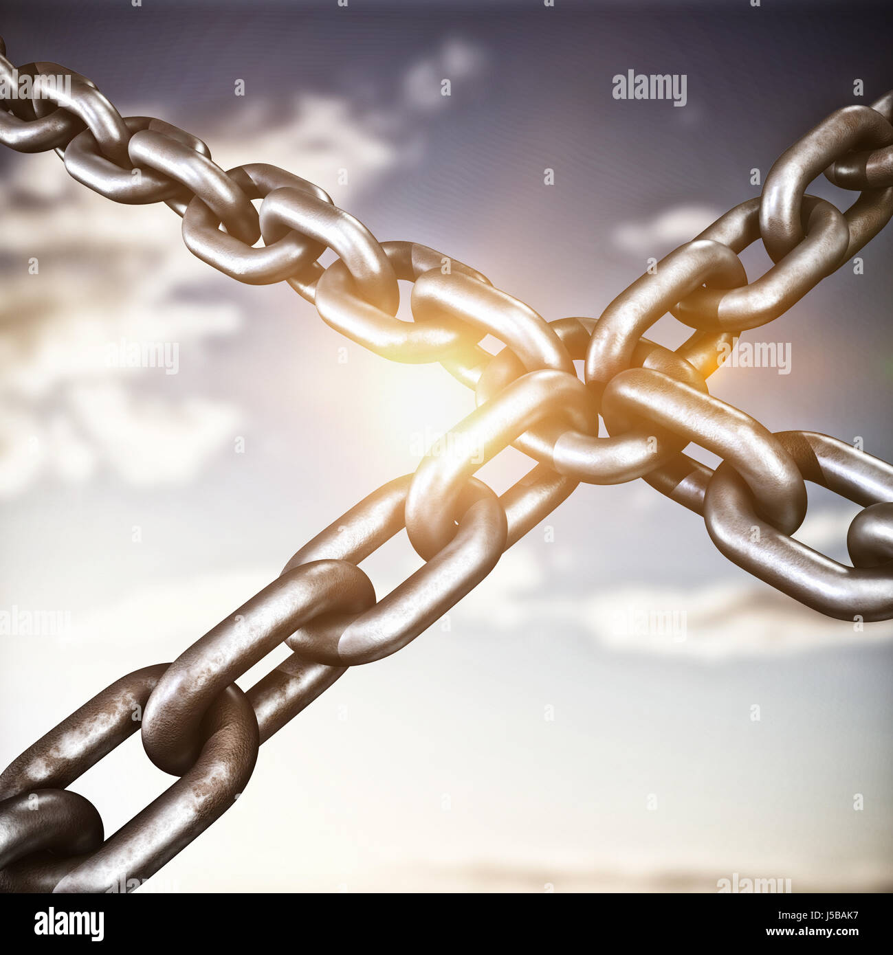 Closeup 3d image of metallic chains in cross shape against golden ...