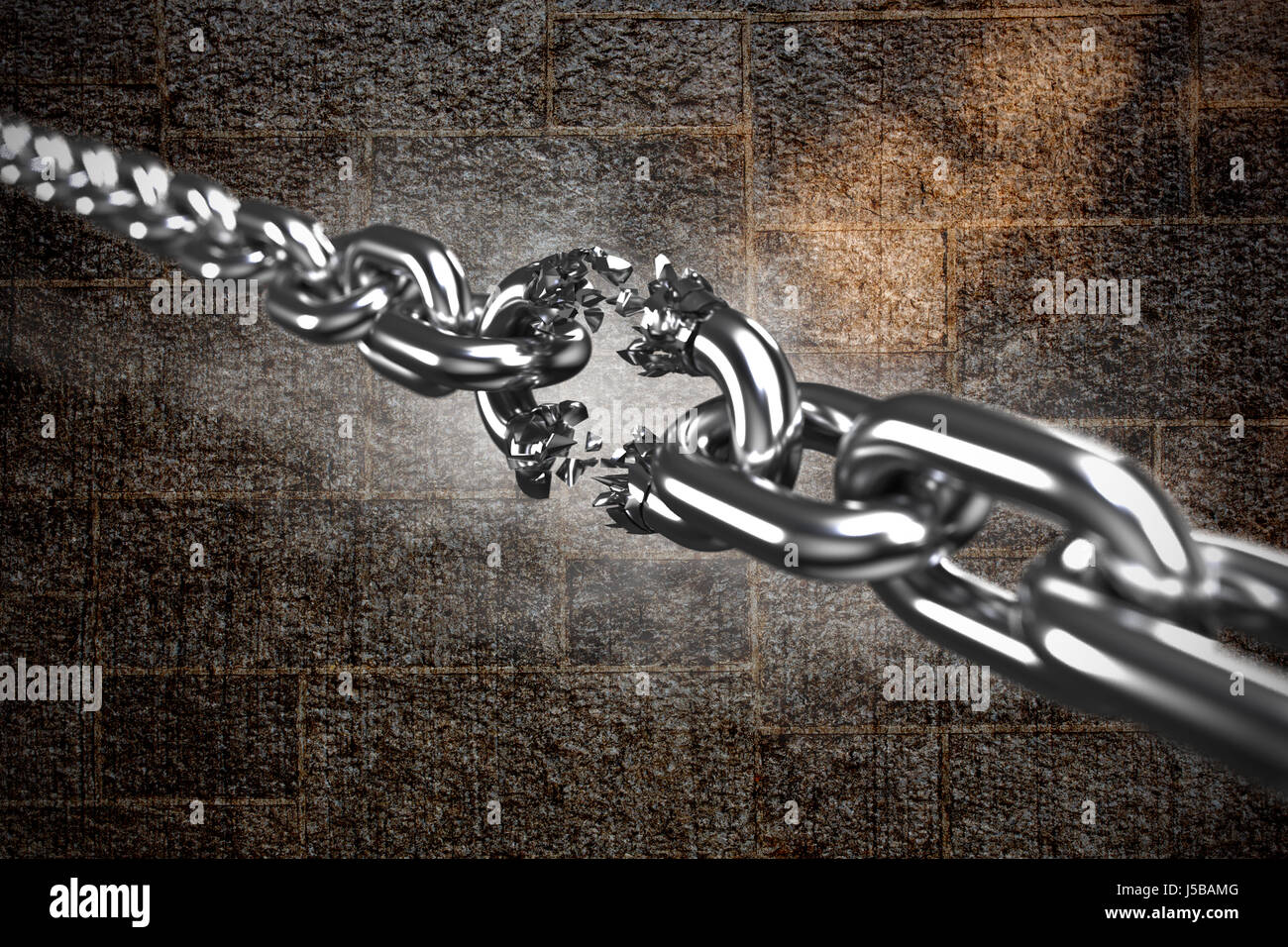 3d illustration of damaged silver chain against image of a wall Stock ...