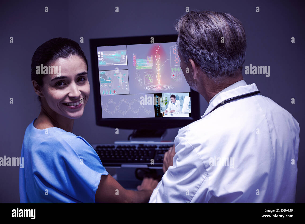 uniformed doctor analyzing human body against doctor and nurse ...