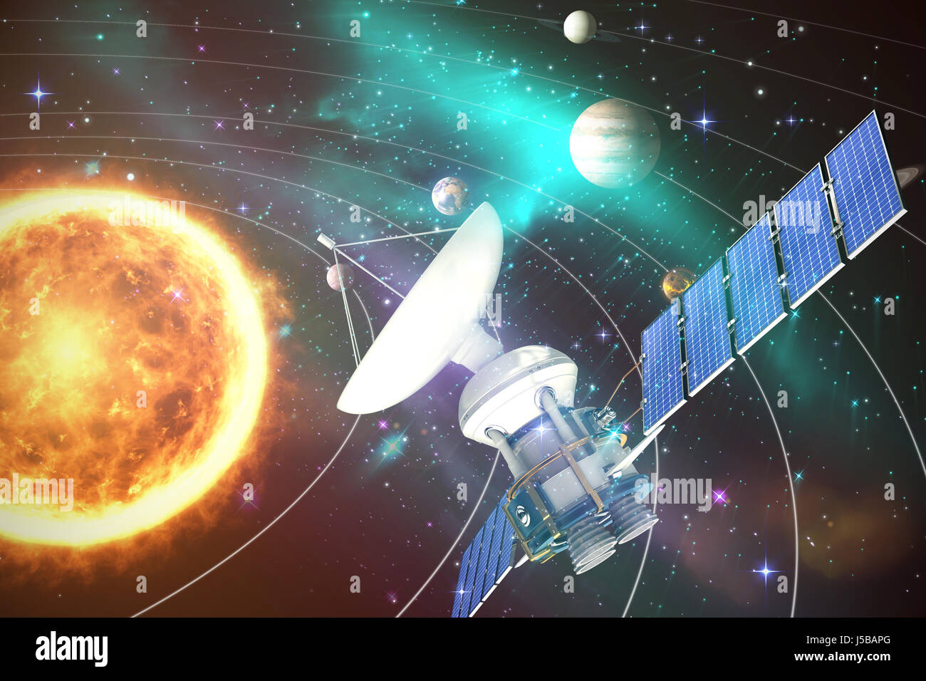A 3d solar power satellite graphic image various planets hi-res stock ...