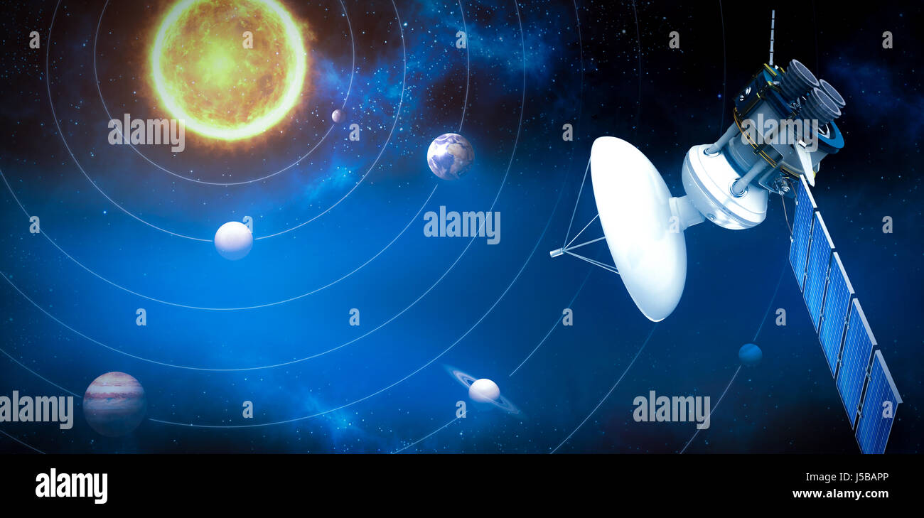 3d image of solar power satellite against graphic image of planets and ...