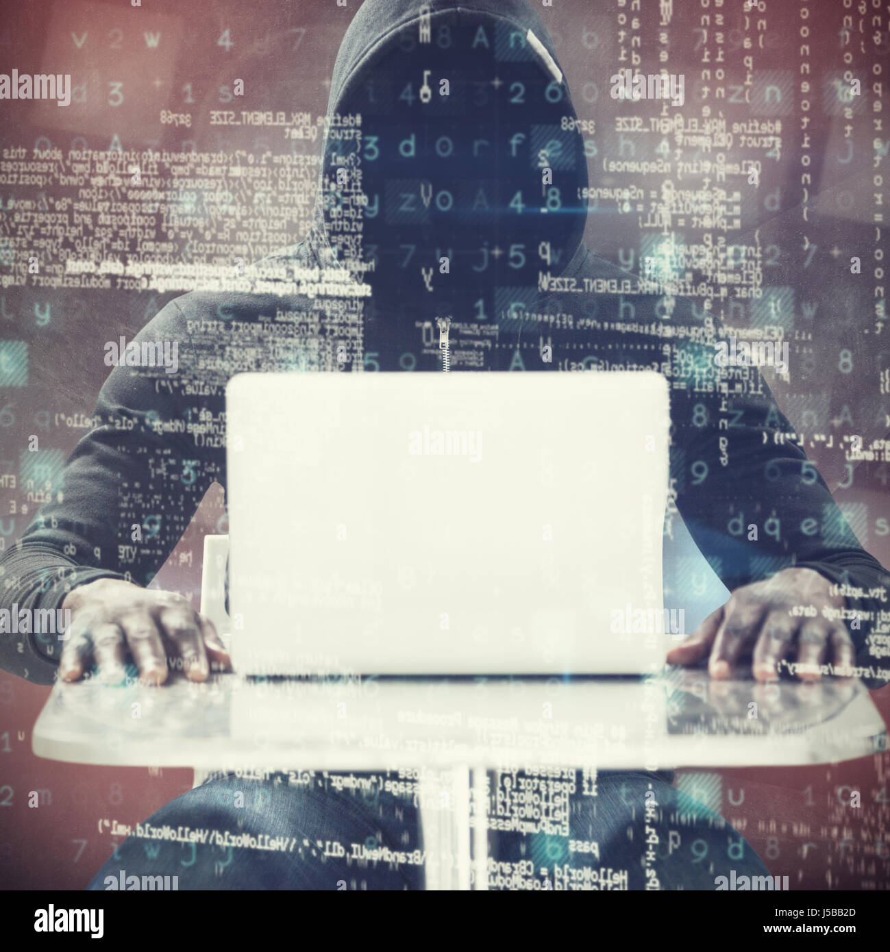 Male hacker with laptop against digital image of architecture Stock ...