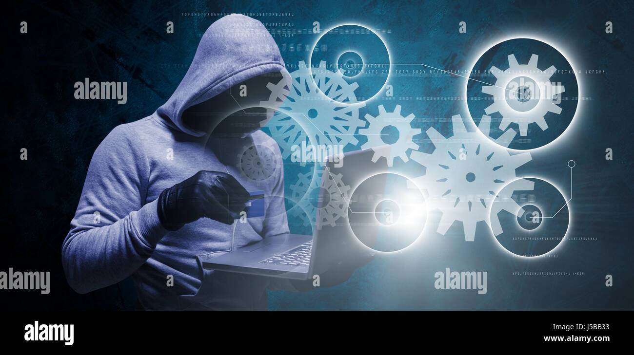 Hacker using credit card for cyber crime against dark background Stock ...