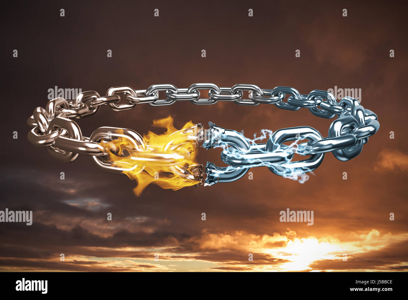 3d image of broken silver chain against cloudy sky landscape Stock ...