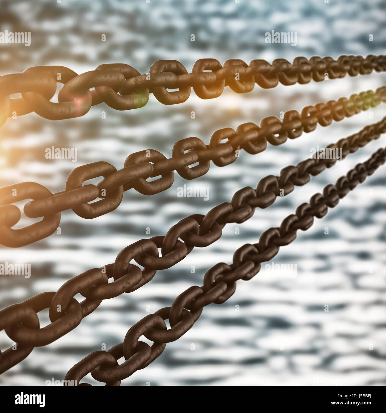 Row of 3d rusty metal chains against view of river and forest Stock ...