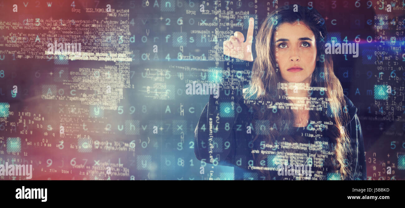 Female hacker using digital screen against black angular design Stock ...