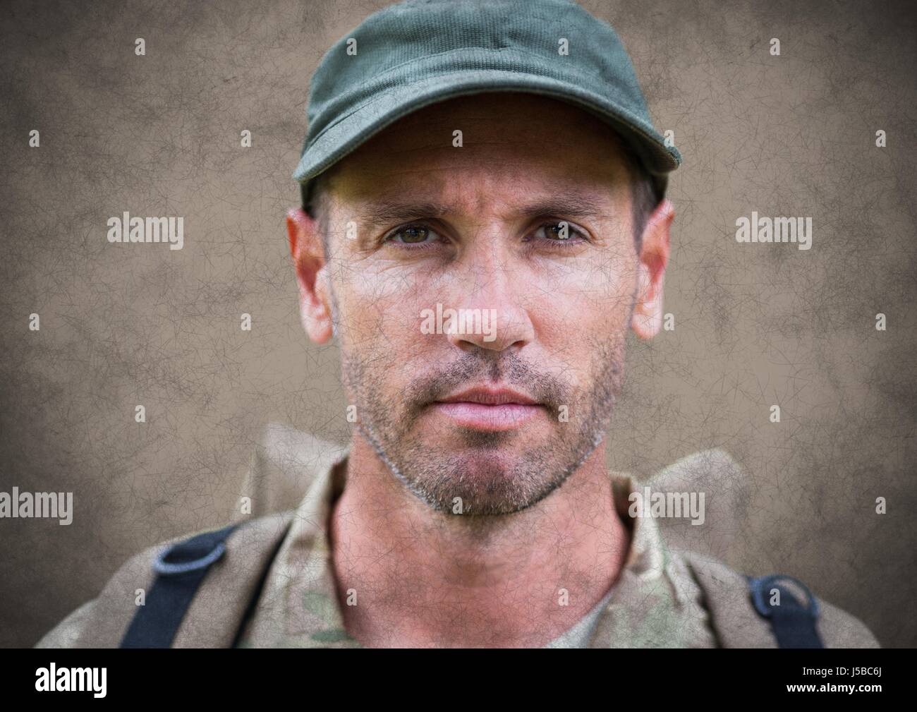 Digital composite of Soldier face with grunge overlay against brown ...
