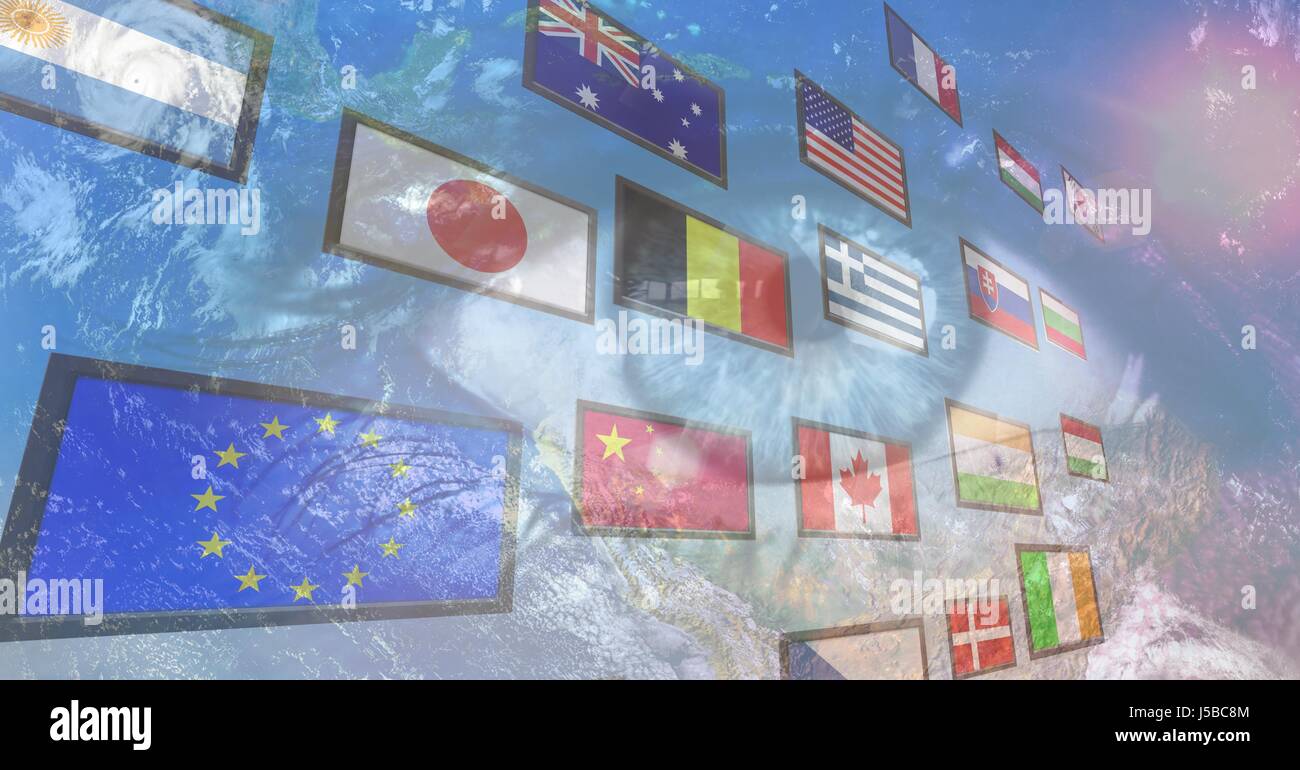 Digital composite of panel with flags and earth eye background Stock ...