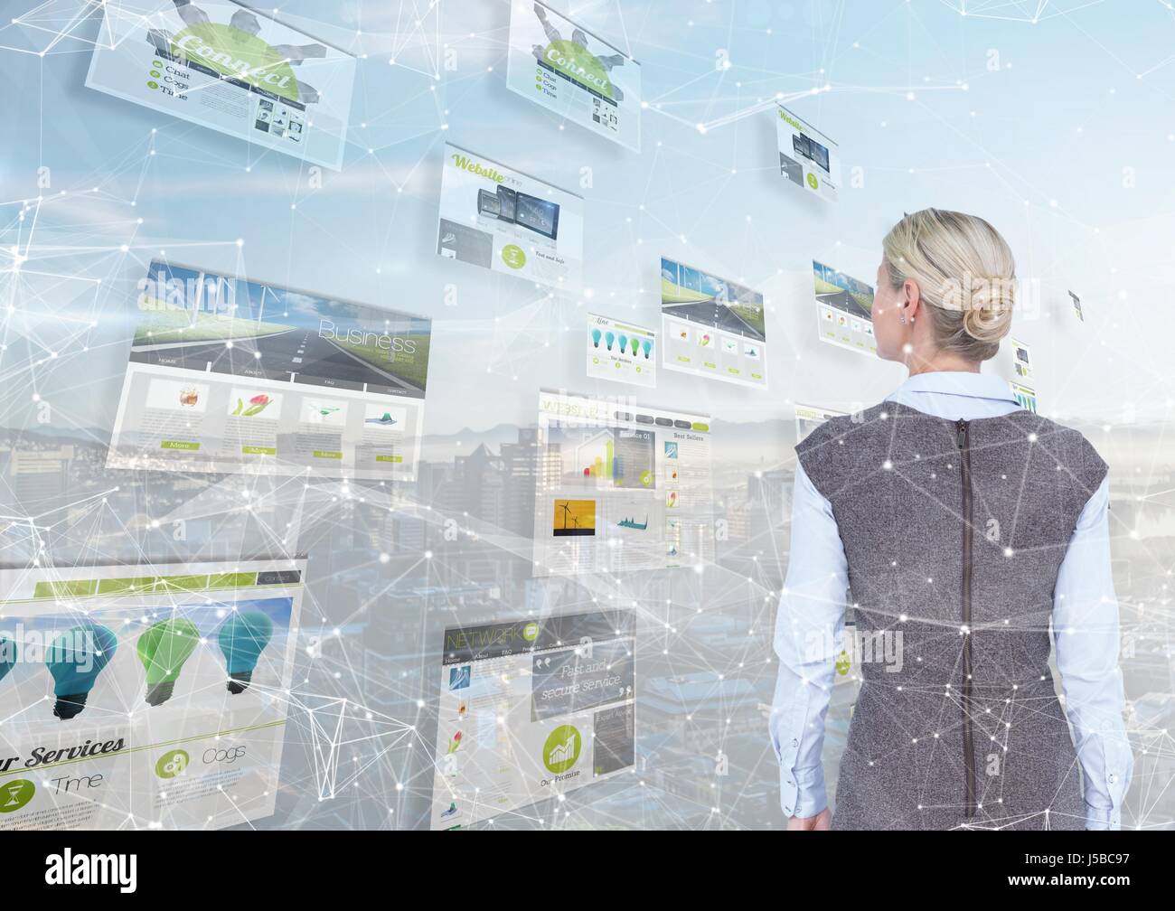Digital composite of panels with websites (green). city background and ...