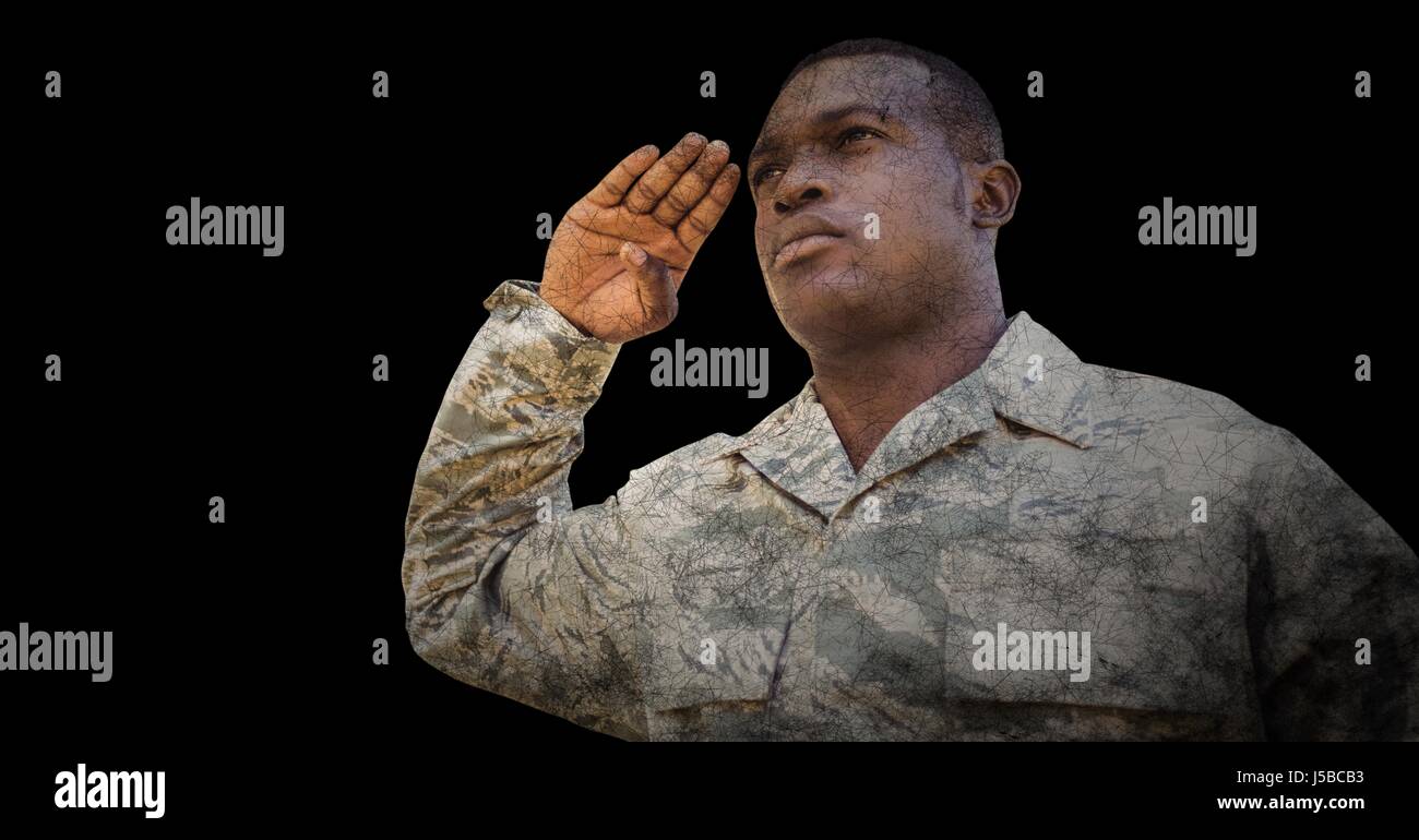 Digital composite of Soldier saluting against black background with ...