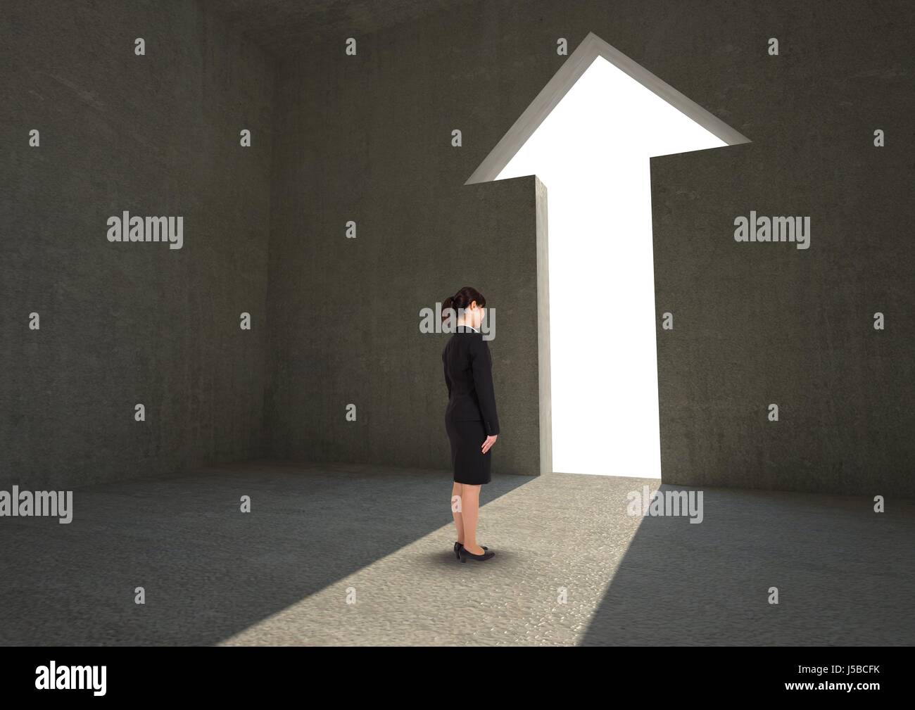 Digital composite of Businesswoman standing in front of arrow shape ...