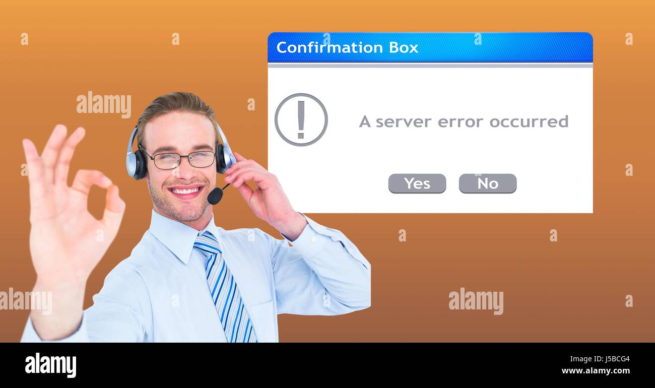 Digital composite of Customer support executive showing OK sign against ...