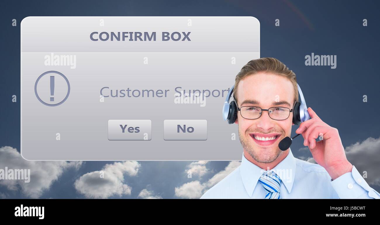 Digital composite of Happy customer support executive with dialog box ...