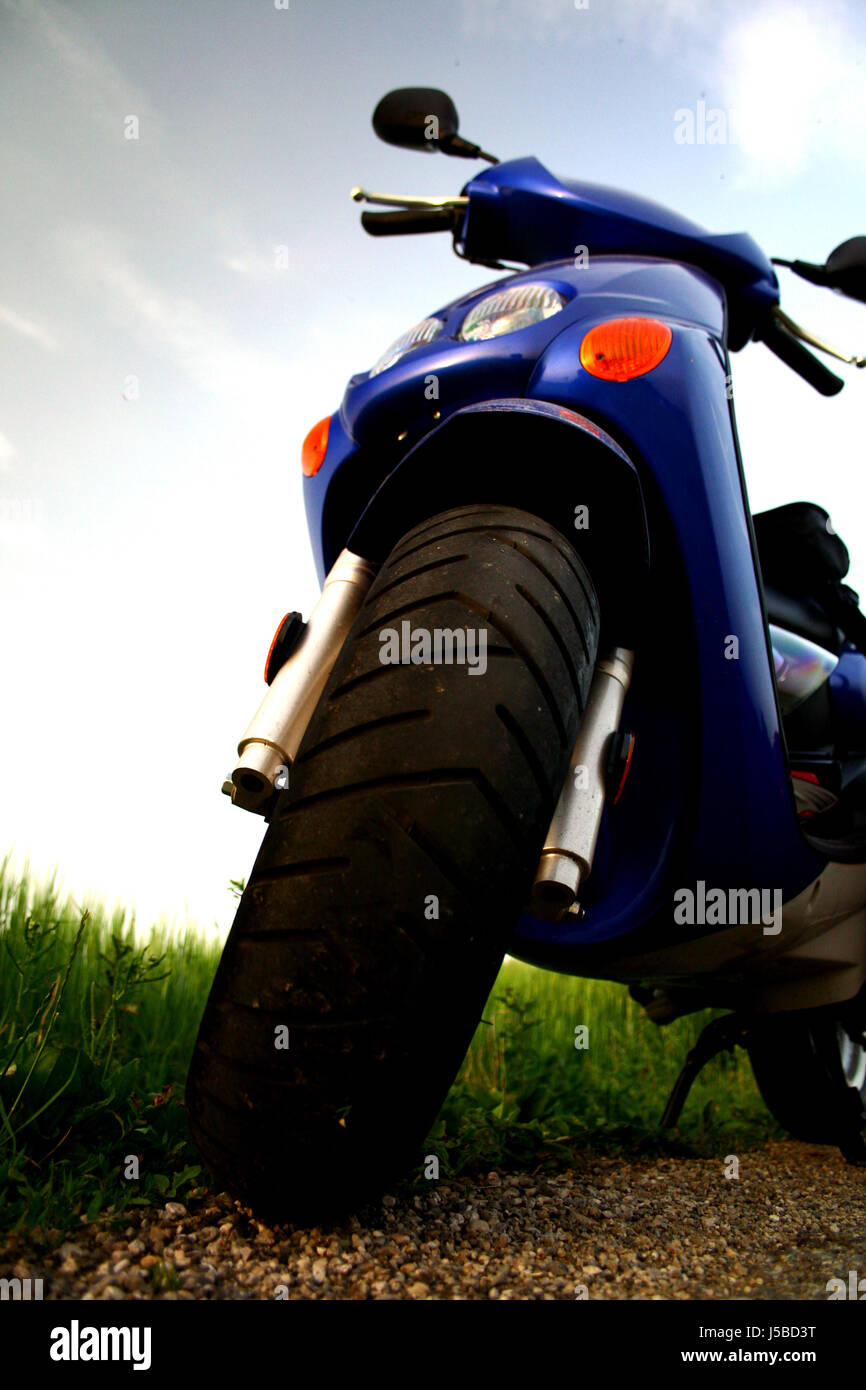 drive blue moped asphalt scooter autocycle roadside direct driving ...