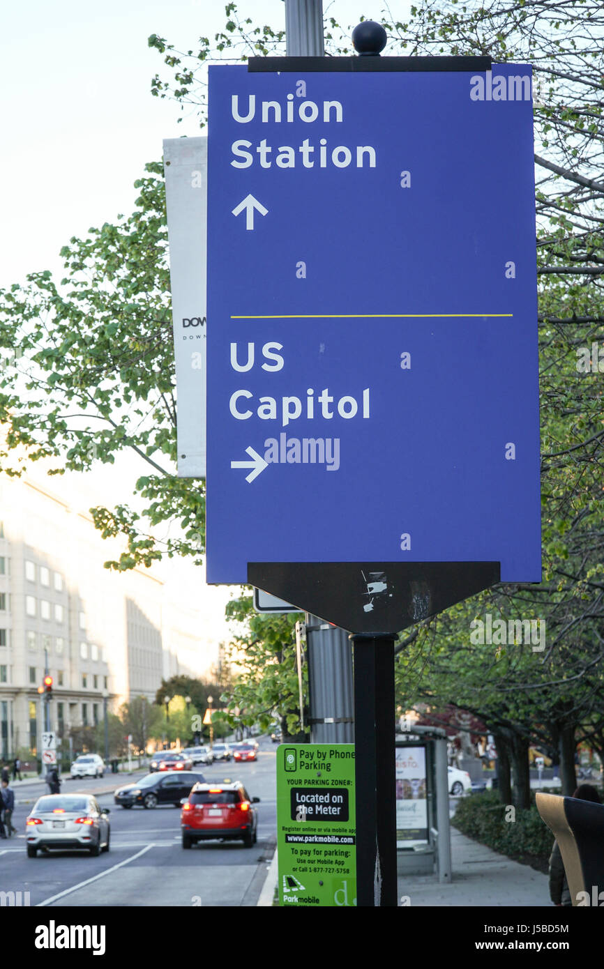 Direction signs to Union station and US Capitol in Washington DC ...