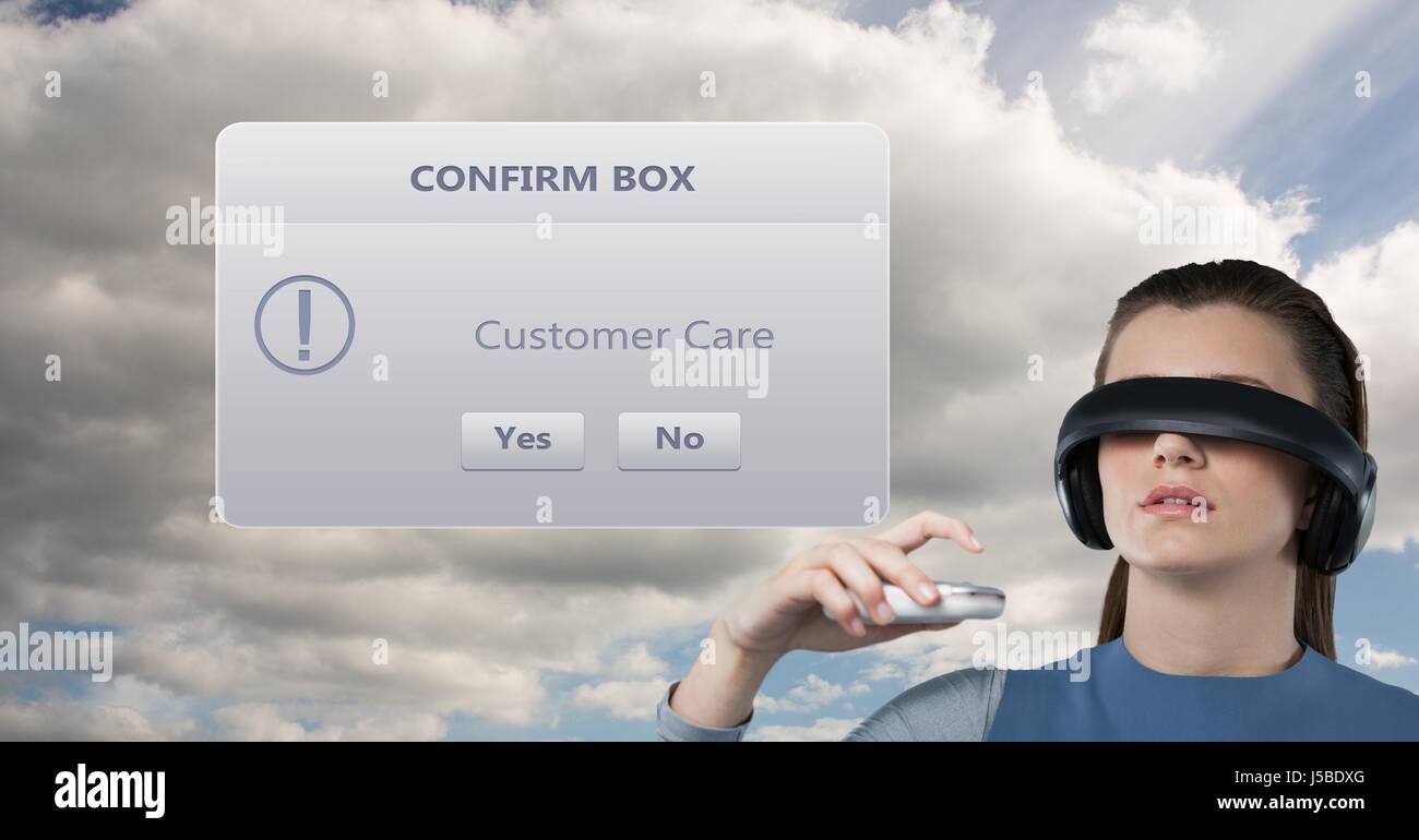 Digital composite of Customer support executive wearing VR headphones ...
