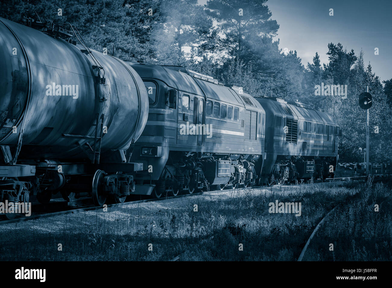 Diesel cargo locomotive with oil tanks in forest Stock Photo - Alamy