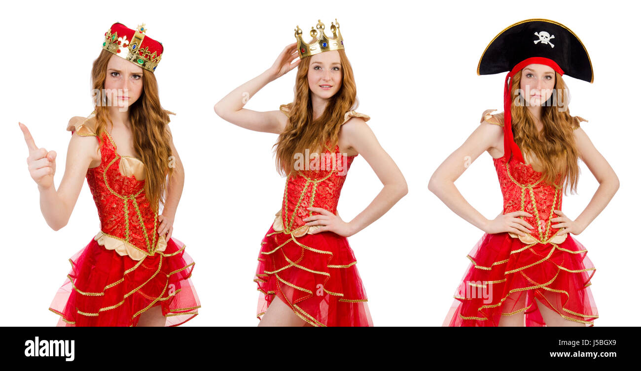 Princess wearing crown and red dress isolated on white Stock Photo - Alamy