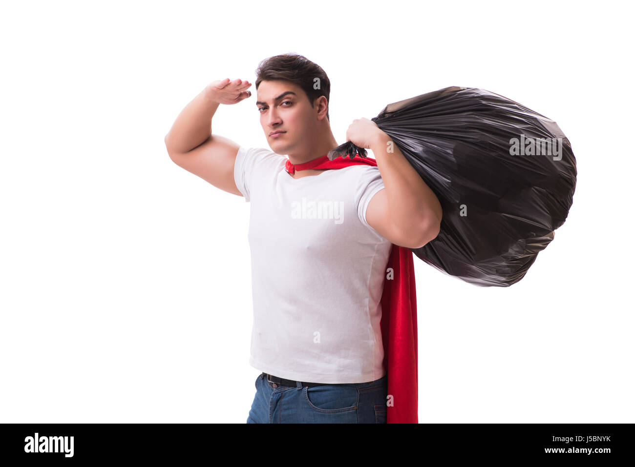 Superhero man with garbage sack isolated on white Stock Photo - Alamy