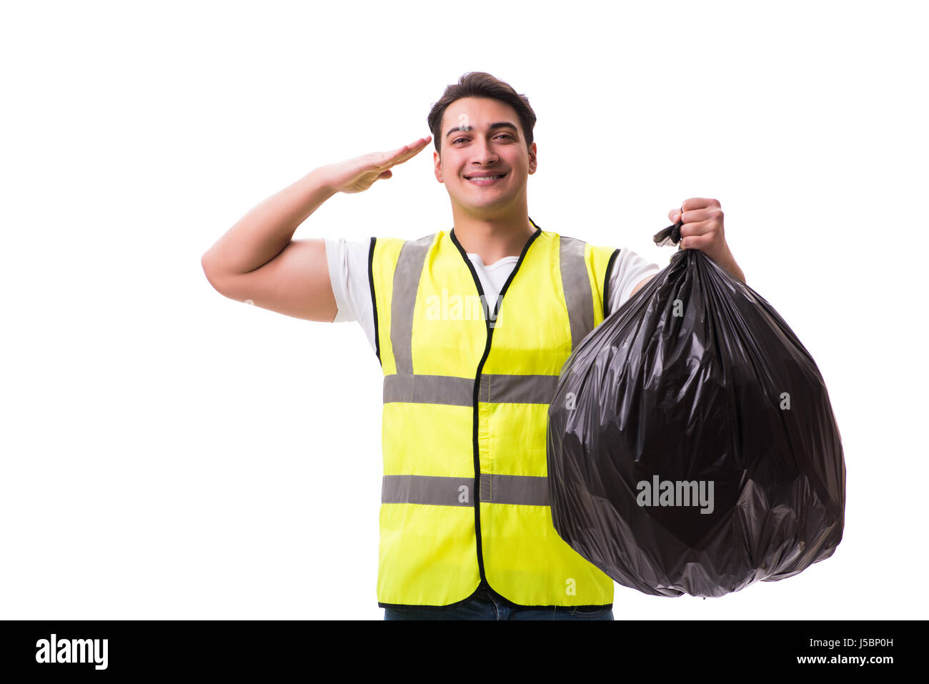 Man with garbage sack isolated on white Stock Photo - Alamy