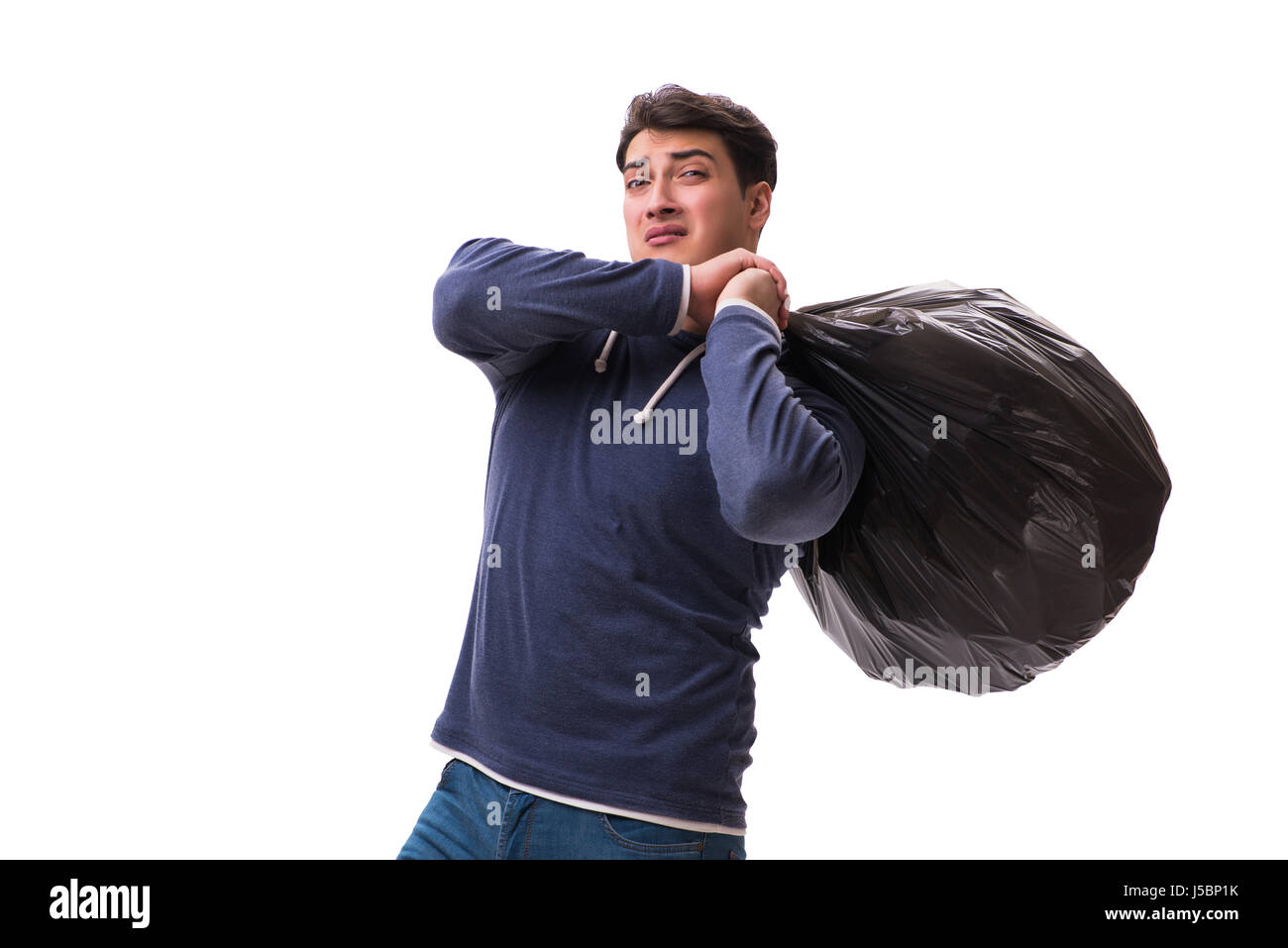 Man with garbage sack isolated on white Stock Photo - Alamy