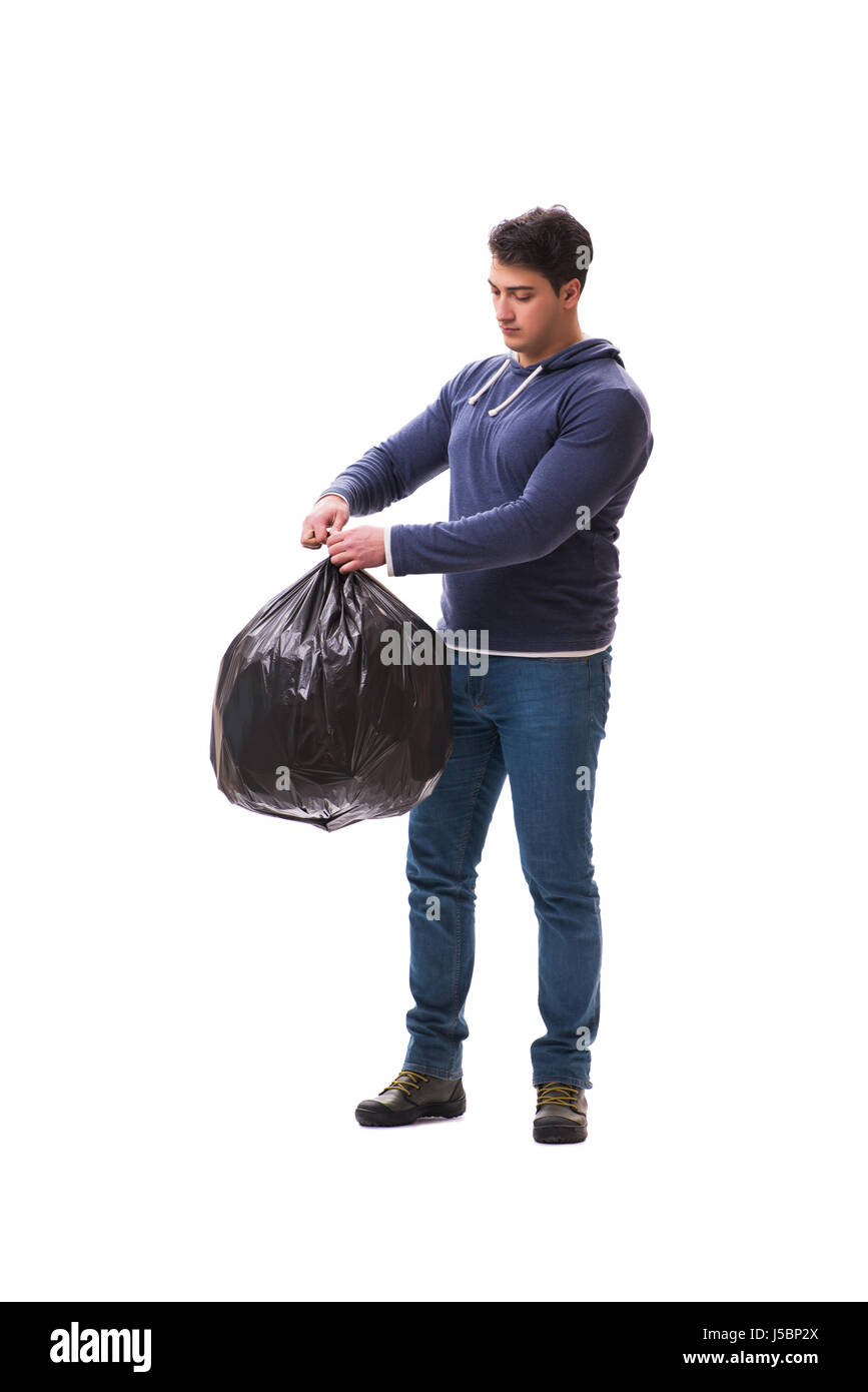 Man with garbage sack isolated on white Stock Photo - Alamy