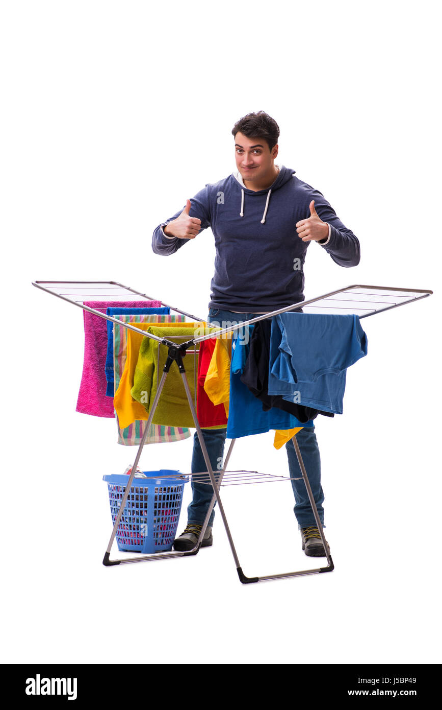 Husband man doing laundry isolated on white Stock Photo - Alamy