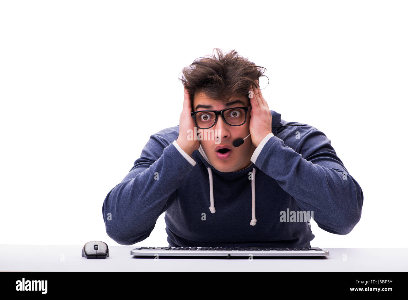 Funny nerd man working on computer isolated on white Stock Photo - Alamy