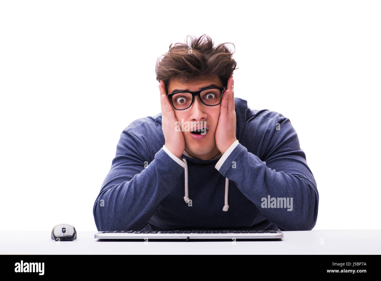 Funny nerd man working on computer isolated on white Stock Photo - Alamy