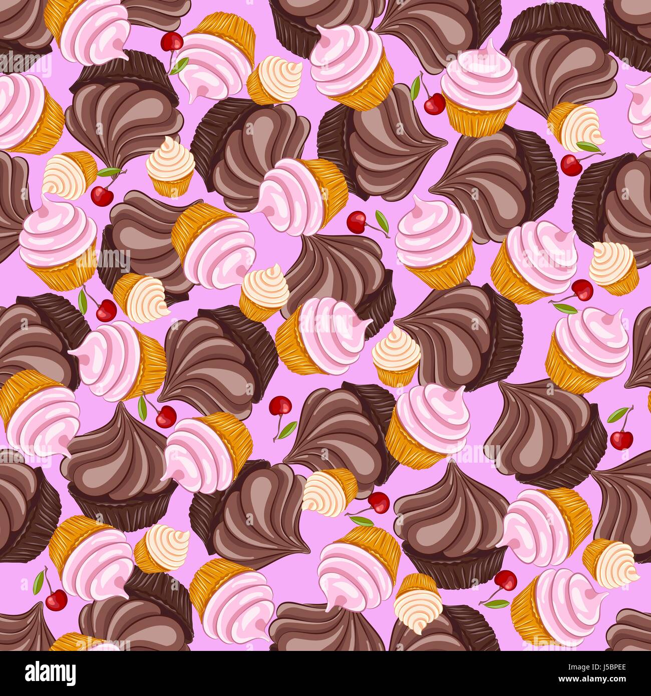Chocolate, pink and cream cupcake with fresh cherry vector seamless pattern. Sweet dessert for ...