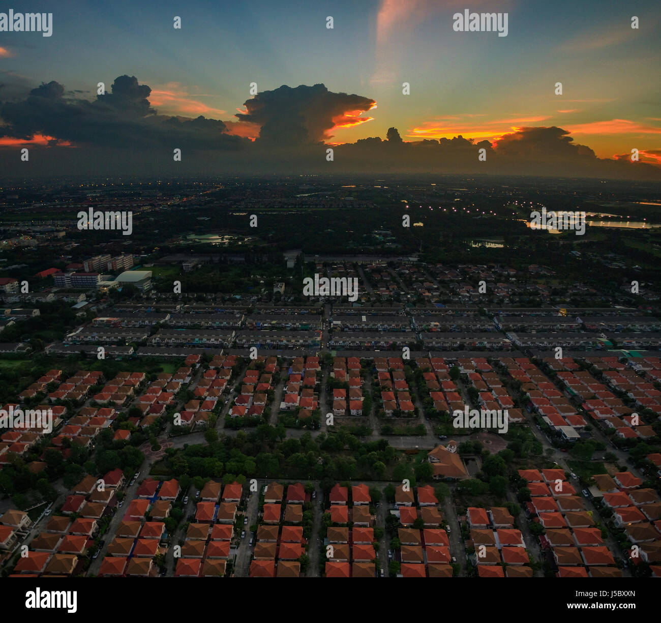 aerial view of dusky sky and home village landscape in bangkok thailand ...