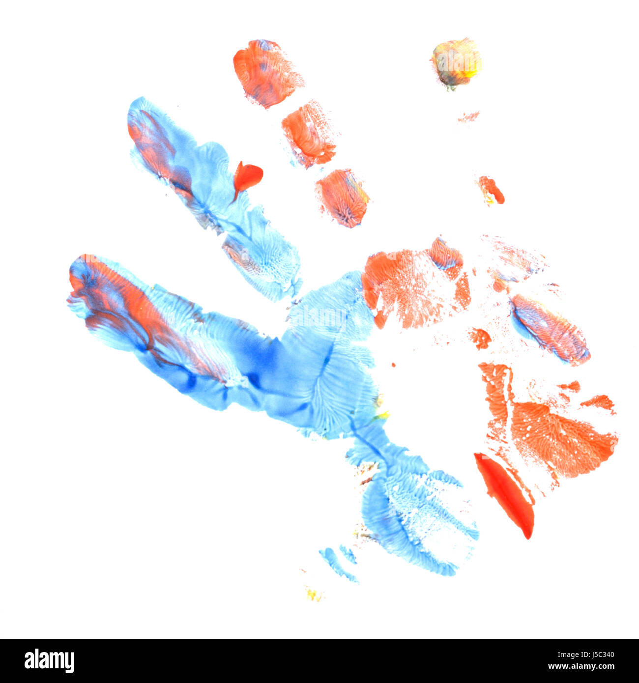 Blue and red imprint of children's hands gouache. Finger paint ...