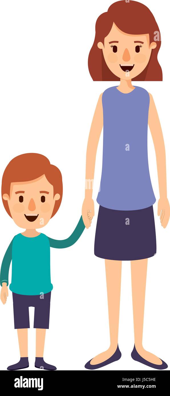 colorful image caricature full body mother taken hand with boy Stock ...