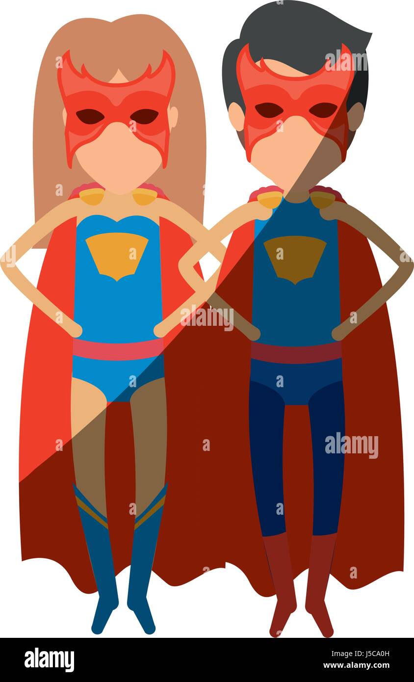 colorful silhouette with faceless couple of superheroes flying with ...