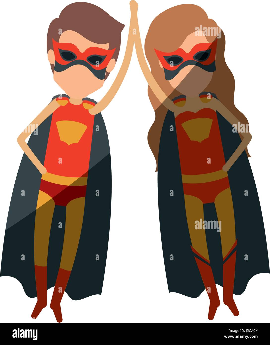 colorful silhouette with faceless couple of superheroes flying and ...