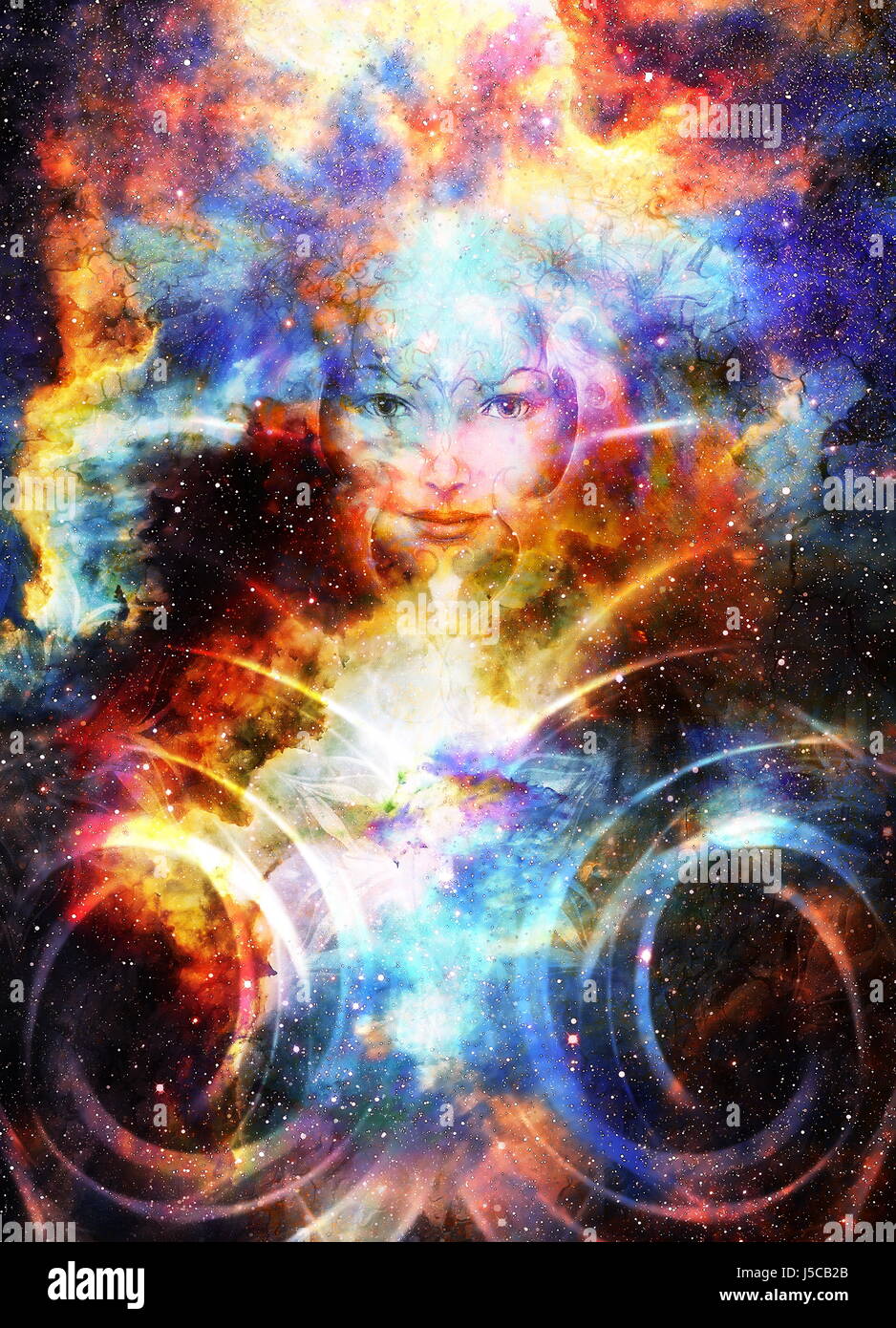 Goddess Woman and light circle in Cosmic space. Cosmic Space background ...