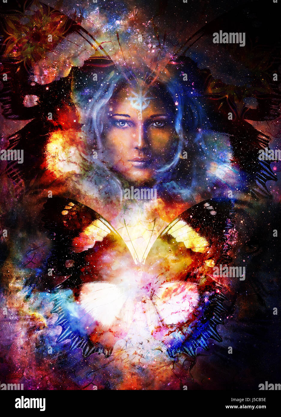 Goddess Woman and butterfly in Cosmic space. Cosmic Space background ...