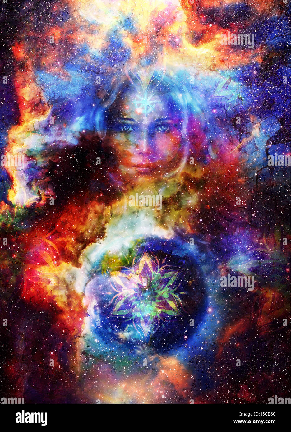 Goddess Woman with ornamental mandala and planet earth. Cosmic Space ...