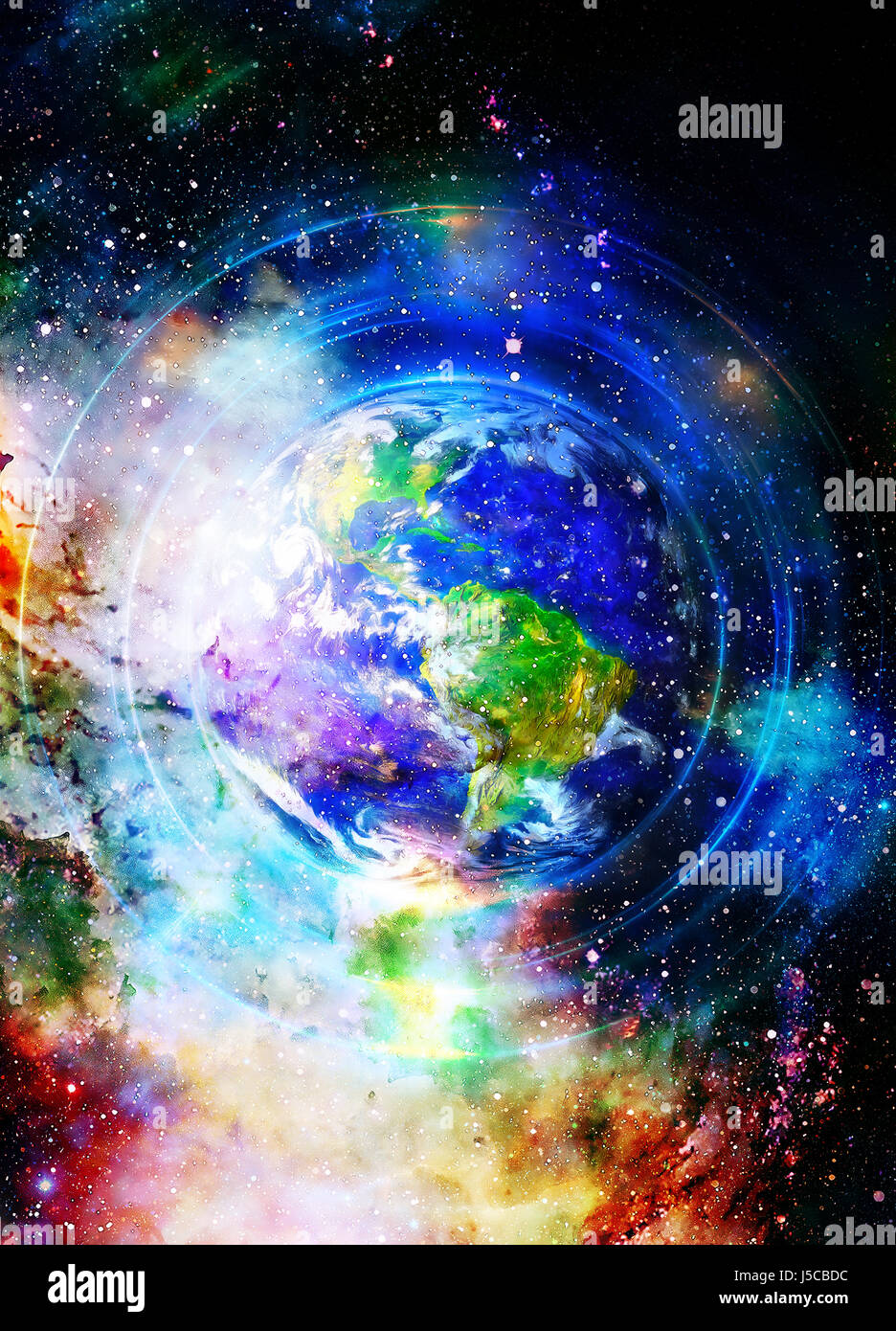 Planet Earth in light circle, Cosmic Space background Stock Photo - Alamy