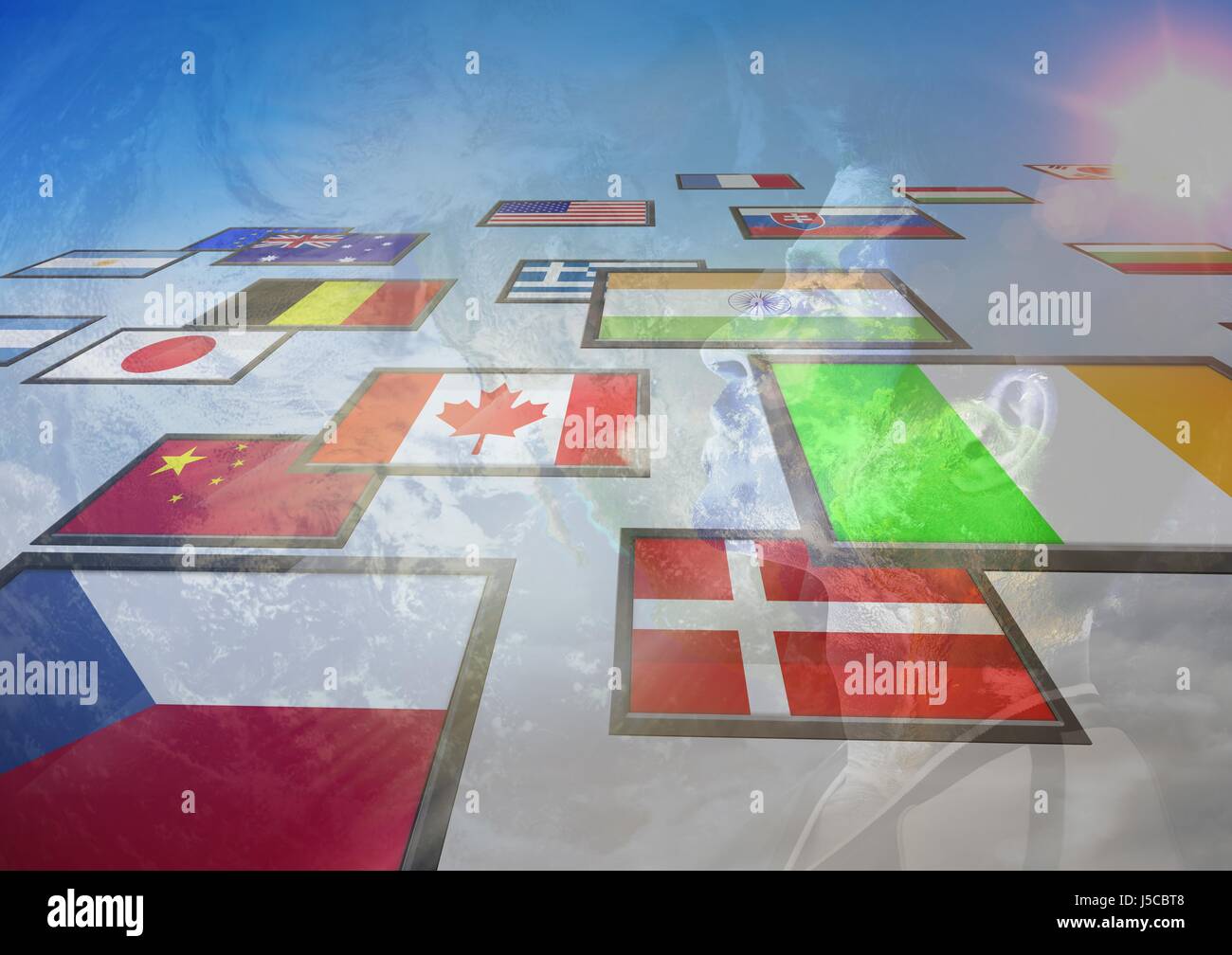 Digital composite of panel with flags and man earth background Stock ...