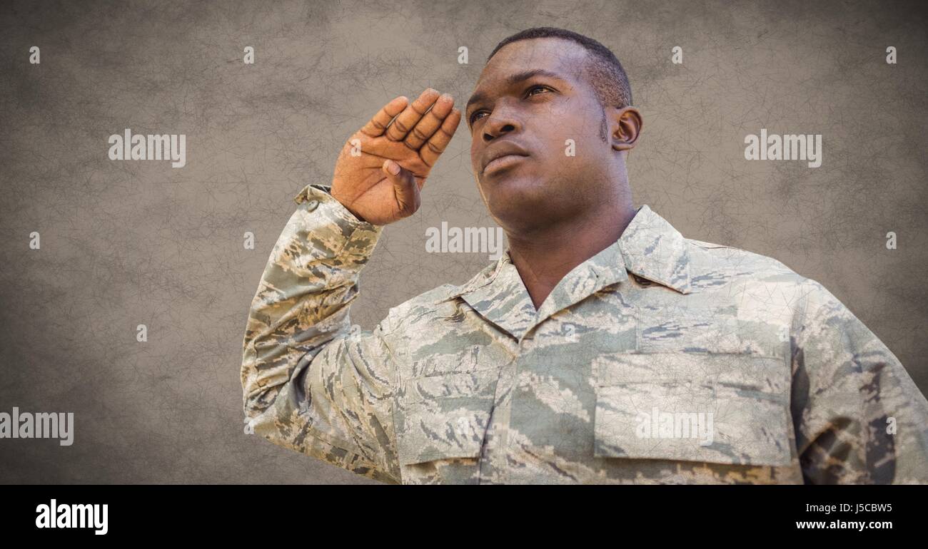 Digital composite of Soldier saluting against brown background with ...