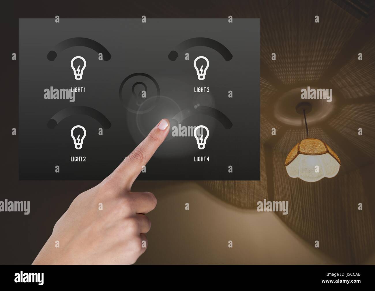 Digital composite of Hand touching a Lighting home App Interface Stock ...