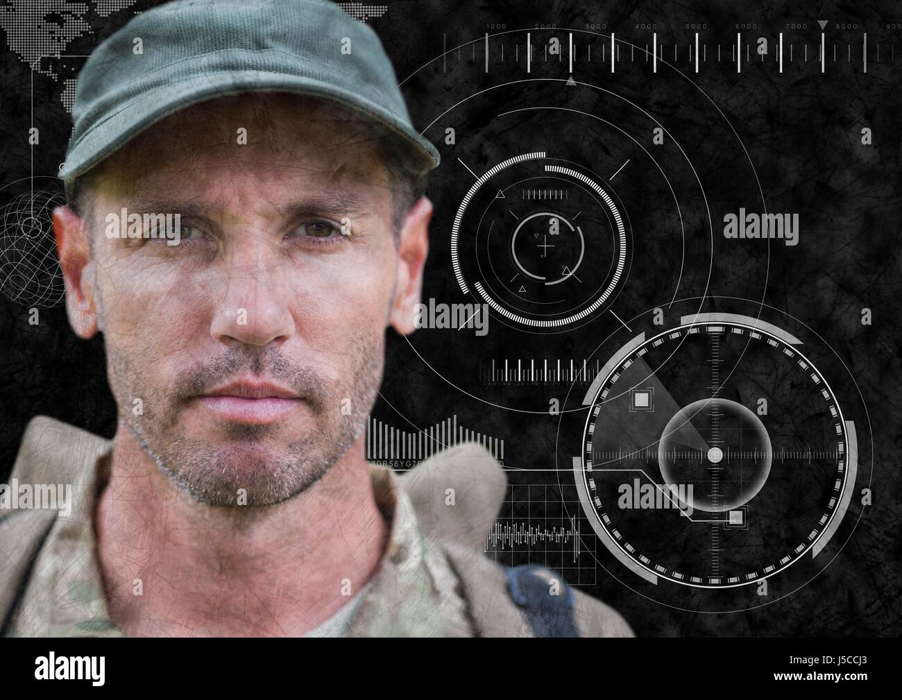 Digital composite of Soldier face against black background with ...