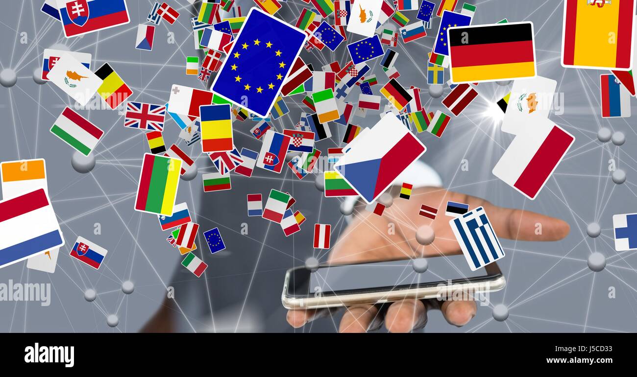 Digital composite of Hand holding mobile phone while various flags ...