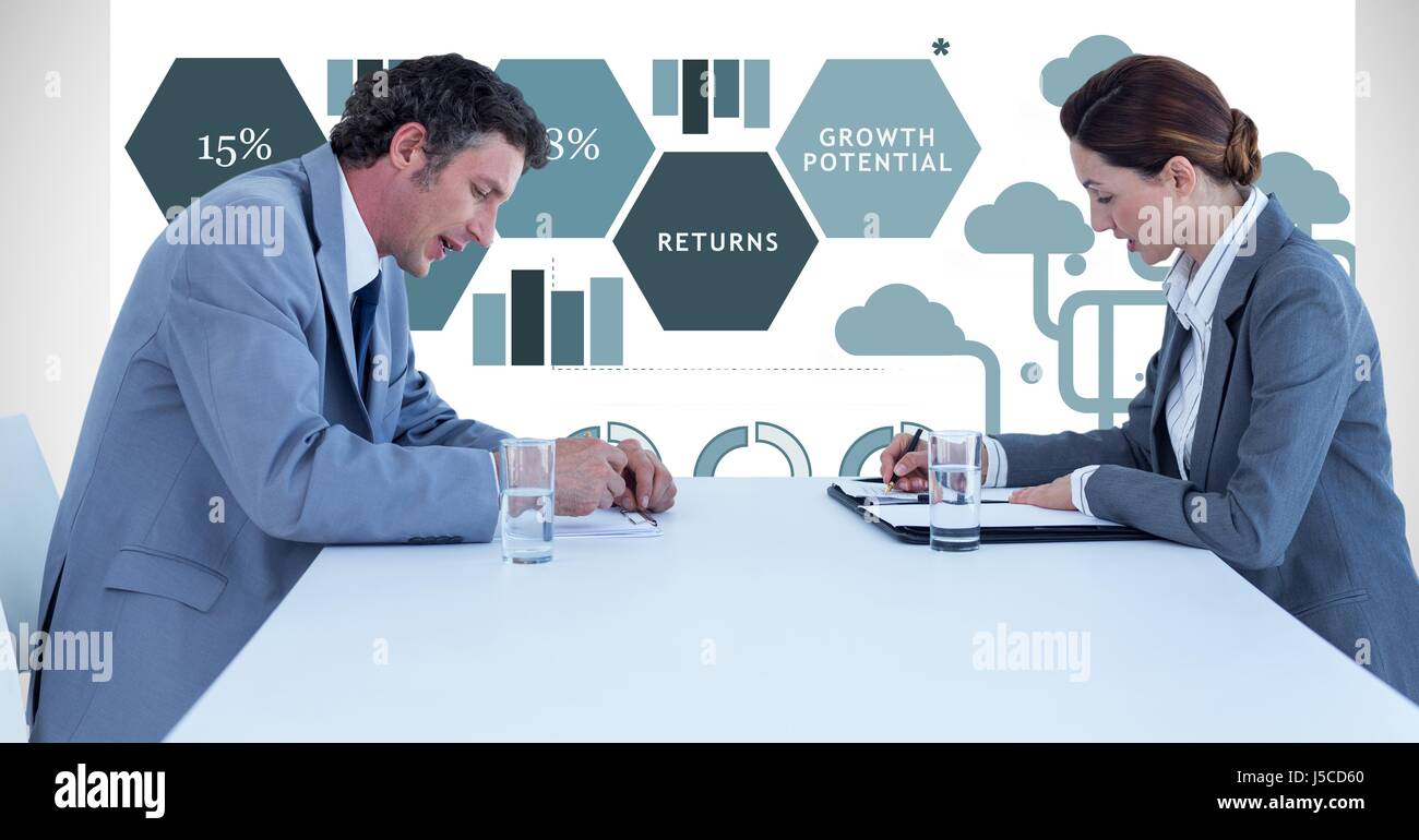 Digital composite of Business people writing notes at desk against ...