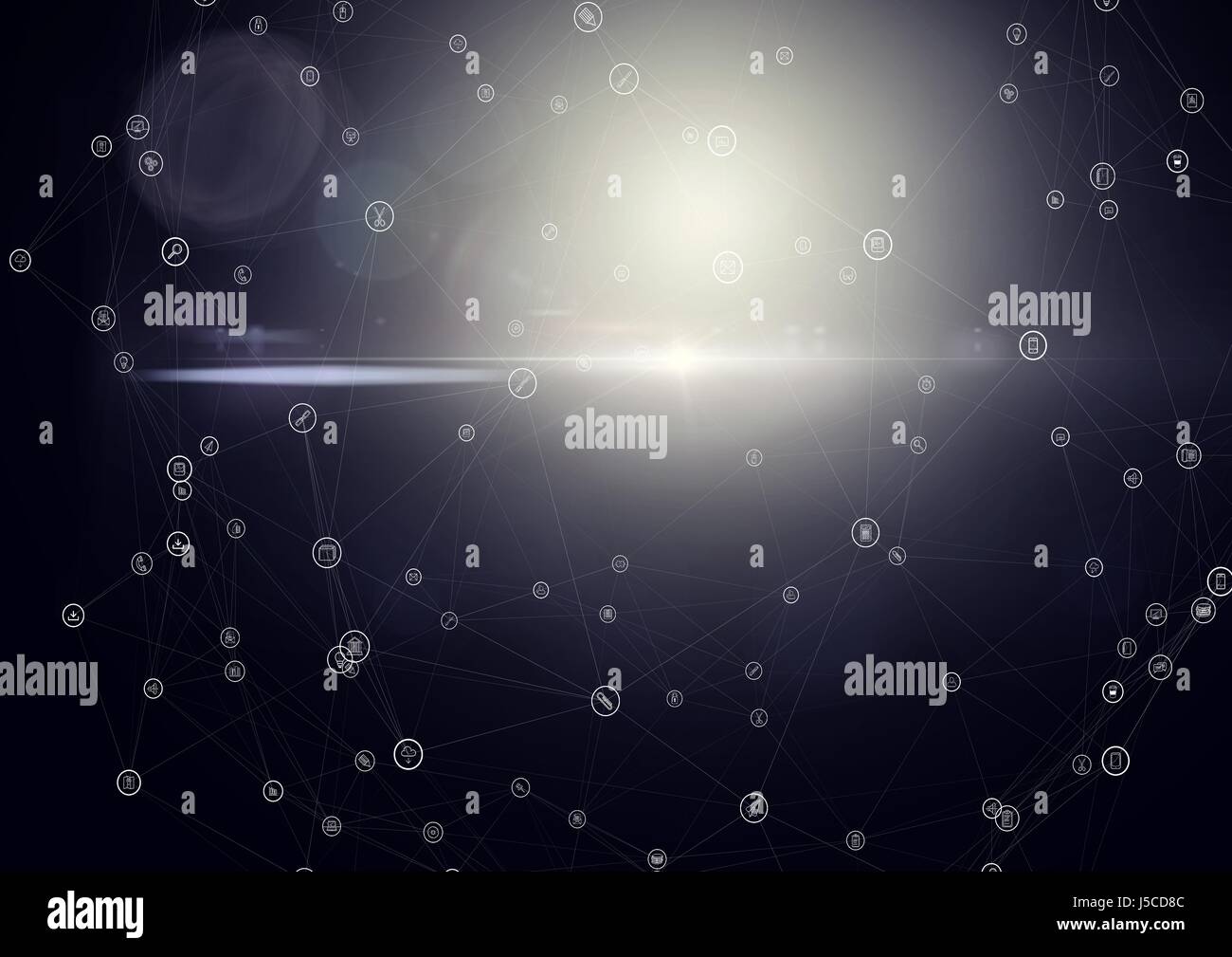 Digital composite of White network against dark background with flare ...
